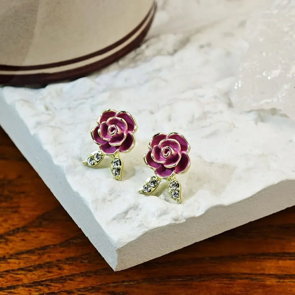 Jewelry | Purple Rose Earrings With Cubic Zirconia And Leaf Design For ...